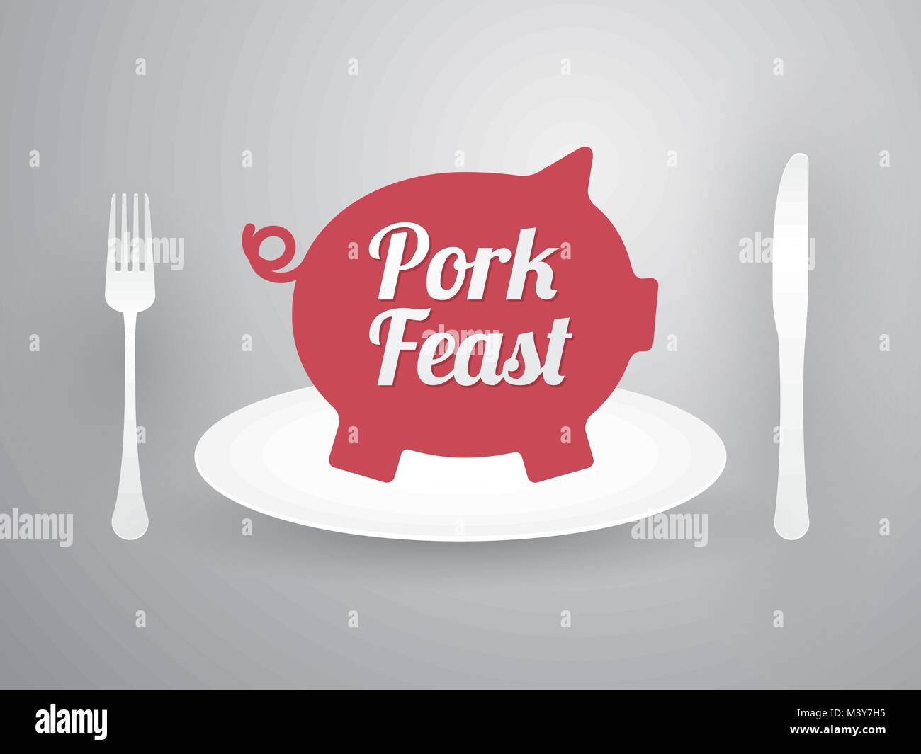 pig silhouette on a plate with cutlery and label pork feast Stock ...
