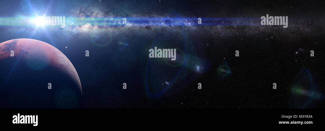 planet Mars, the stars of the Milky Way galaxy and the Sun (3d render ...