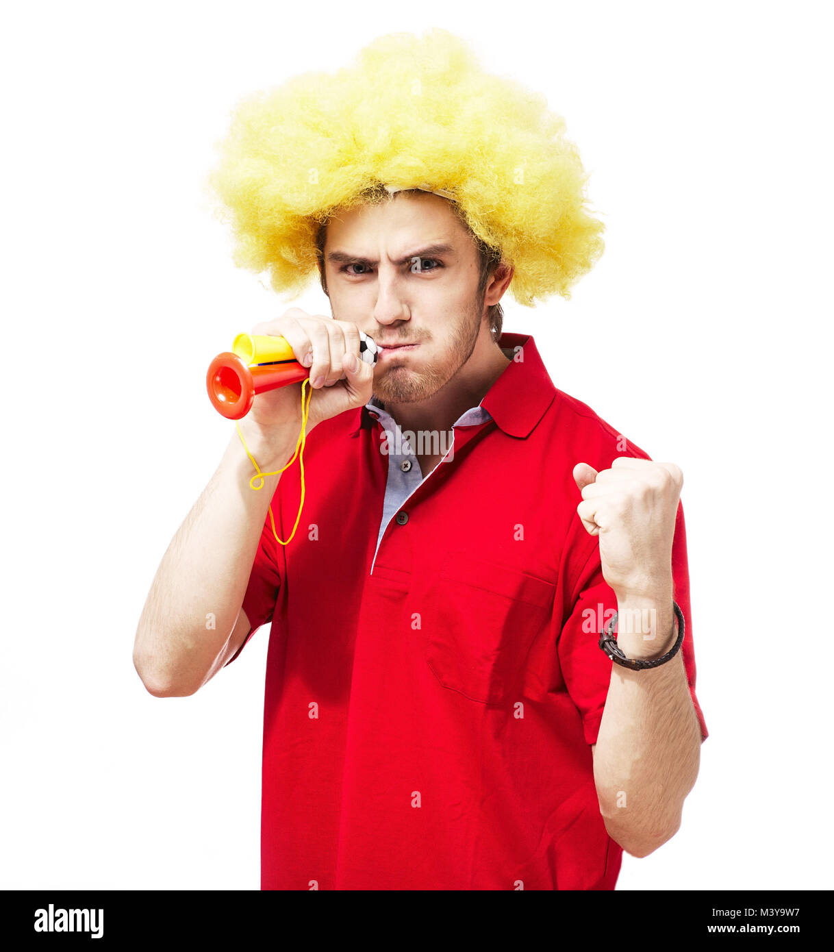 Football or soccer fan screaming with supporter attributes isolated on ...