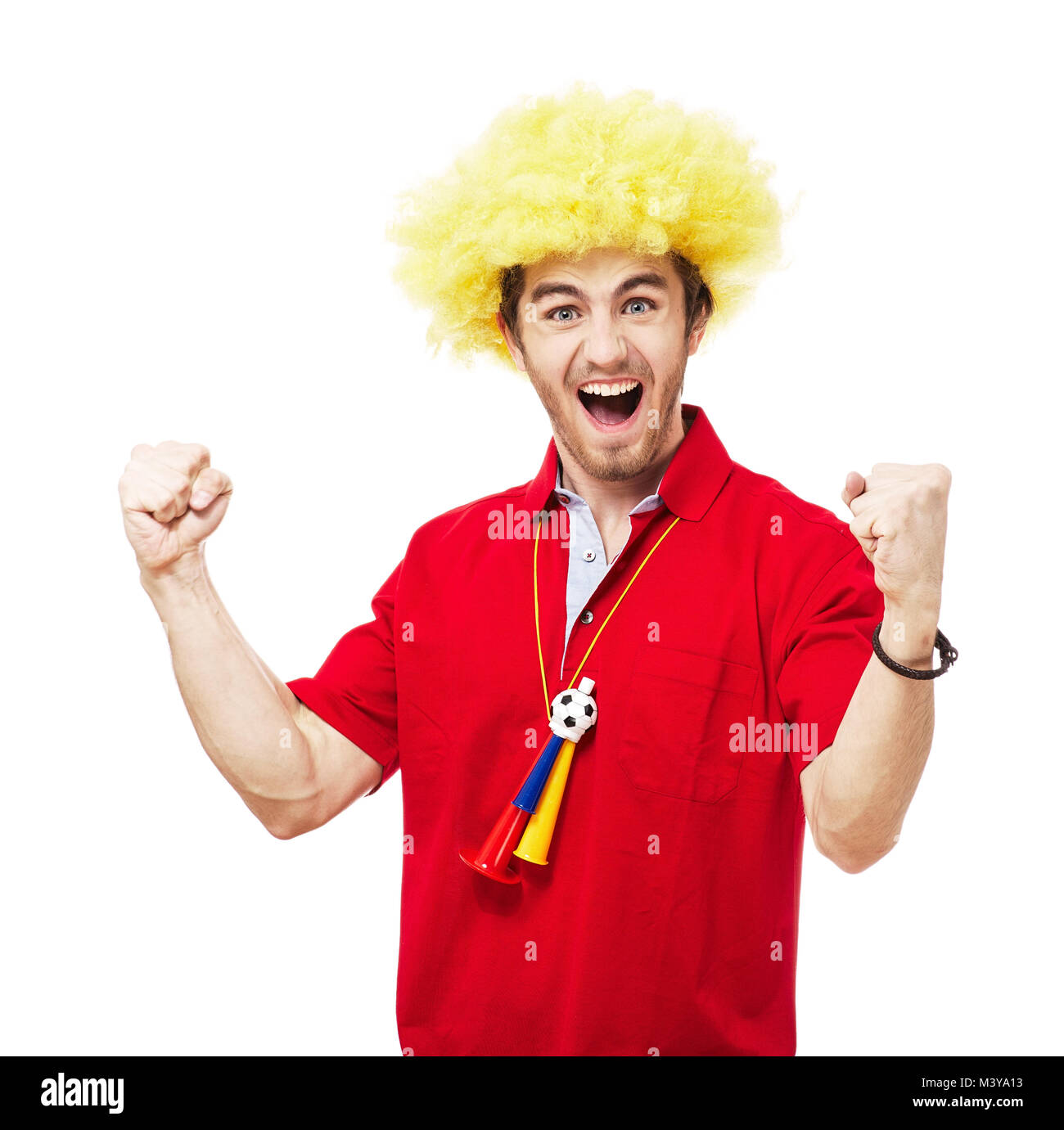 Football or soccer fan screaming with supporter attributes isolated on ...