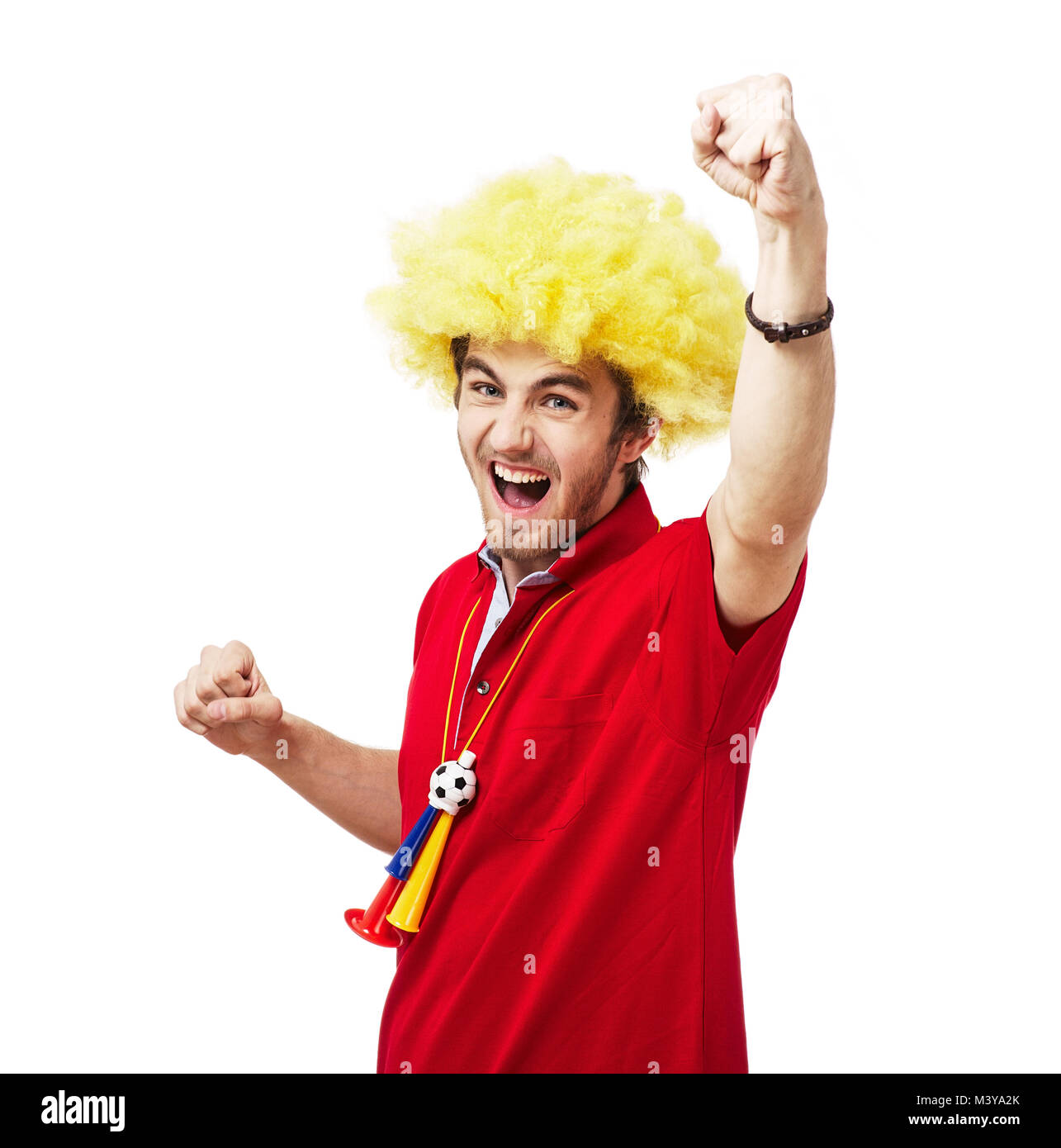 Football or soccer fan screaming with supporter attributes isolated on ...