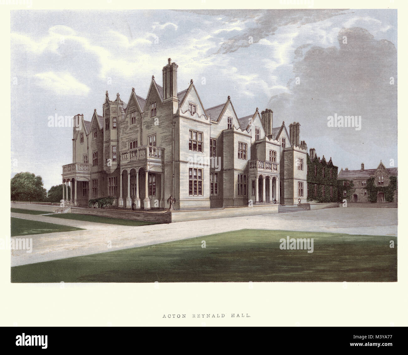 Vintage engraving of Acton Reynald Hall is a 19th century country house ...