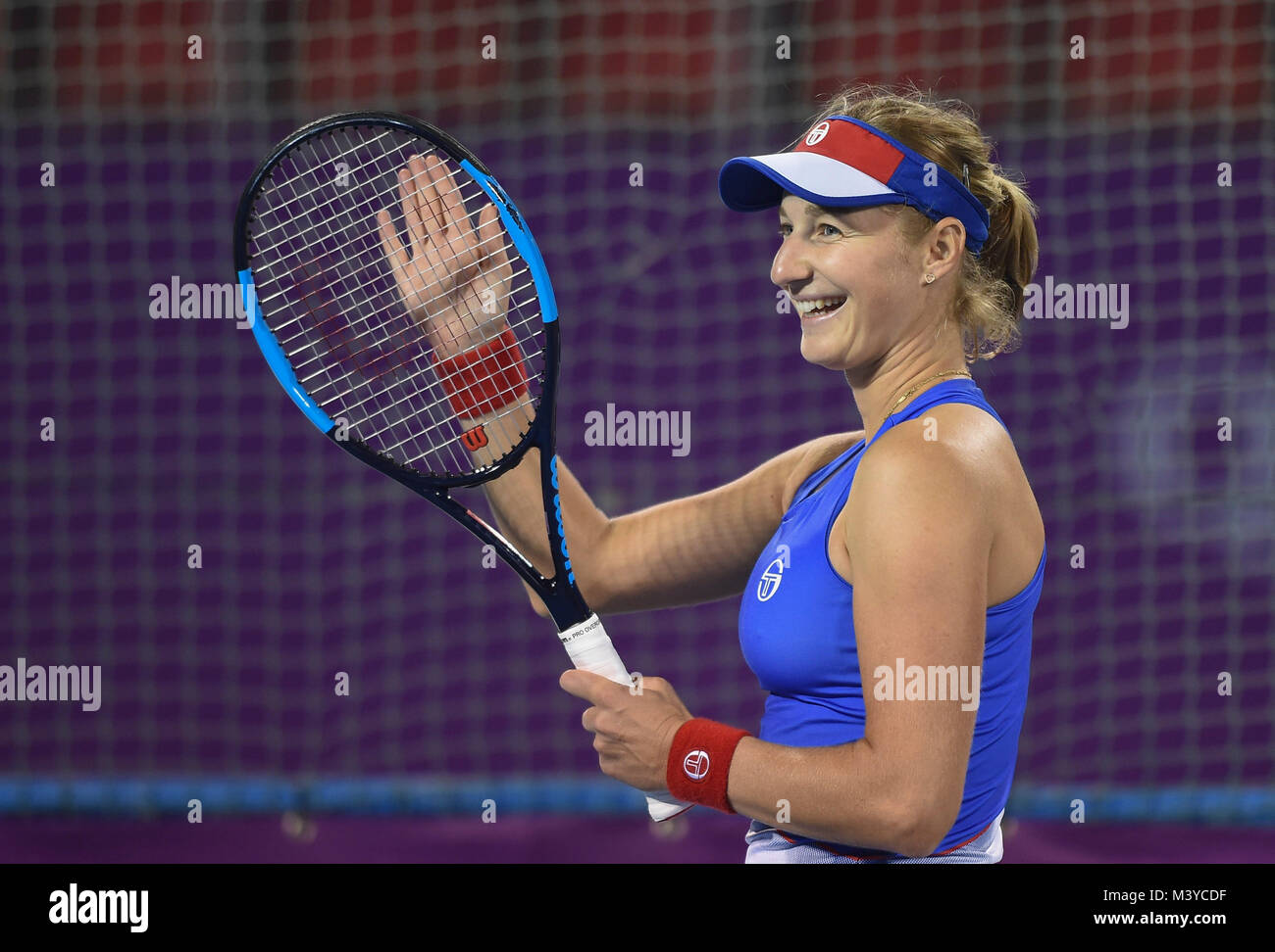 Doha, Qatar. 12th Feb, 2018. Ekaterina Makarova of Russia celebrates ...