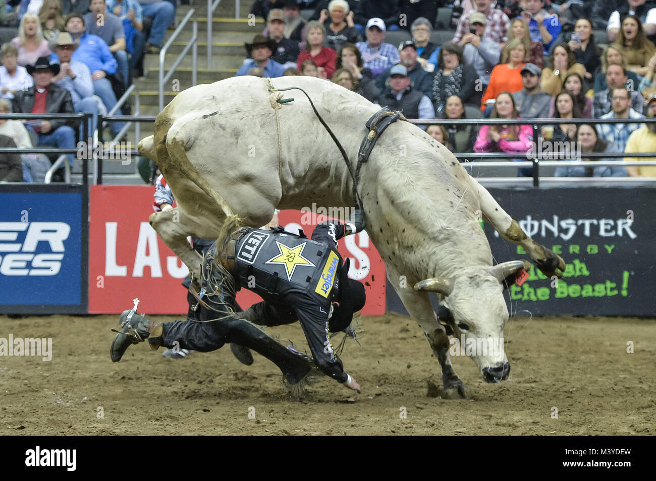 Kansas City, Missouri, USA. 10th Feb, 2018. STORMY WING rides a bull ...