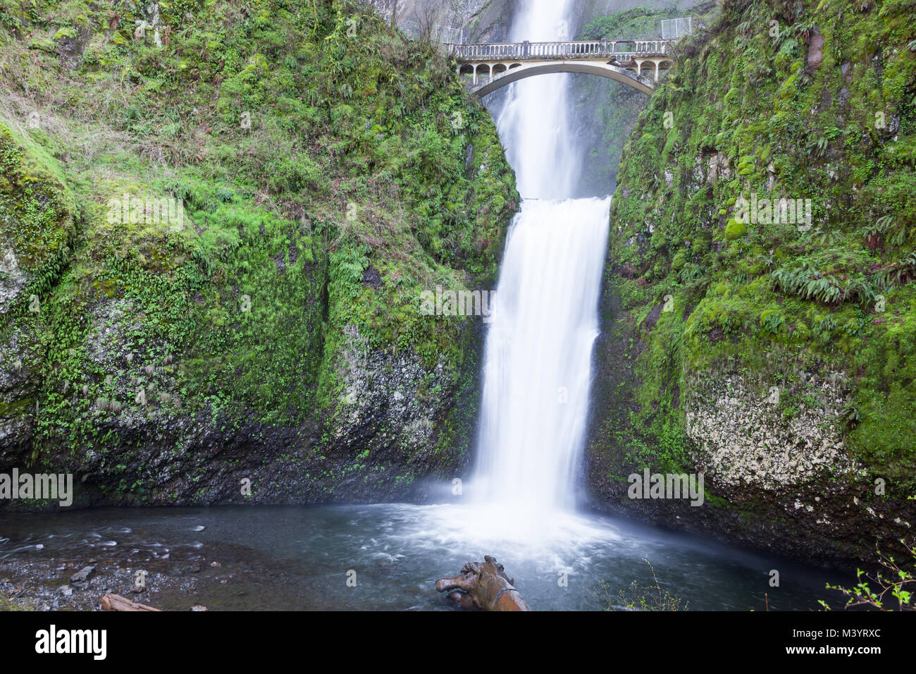 Multnomah Falls in springtime flowing under a historic walk bridge to ...