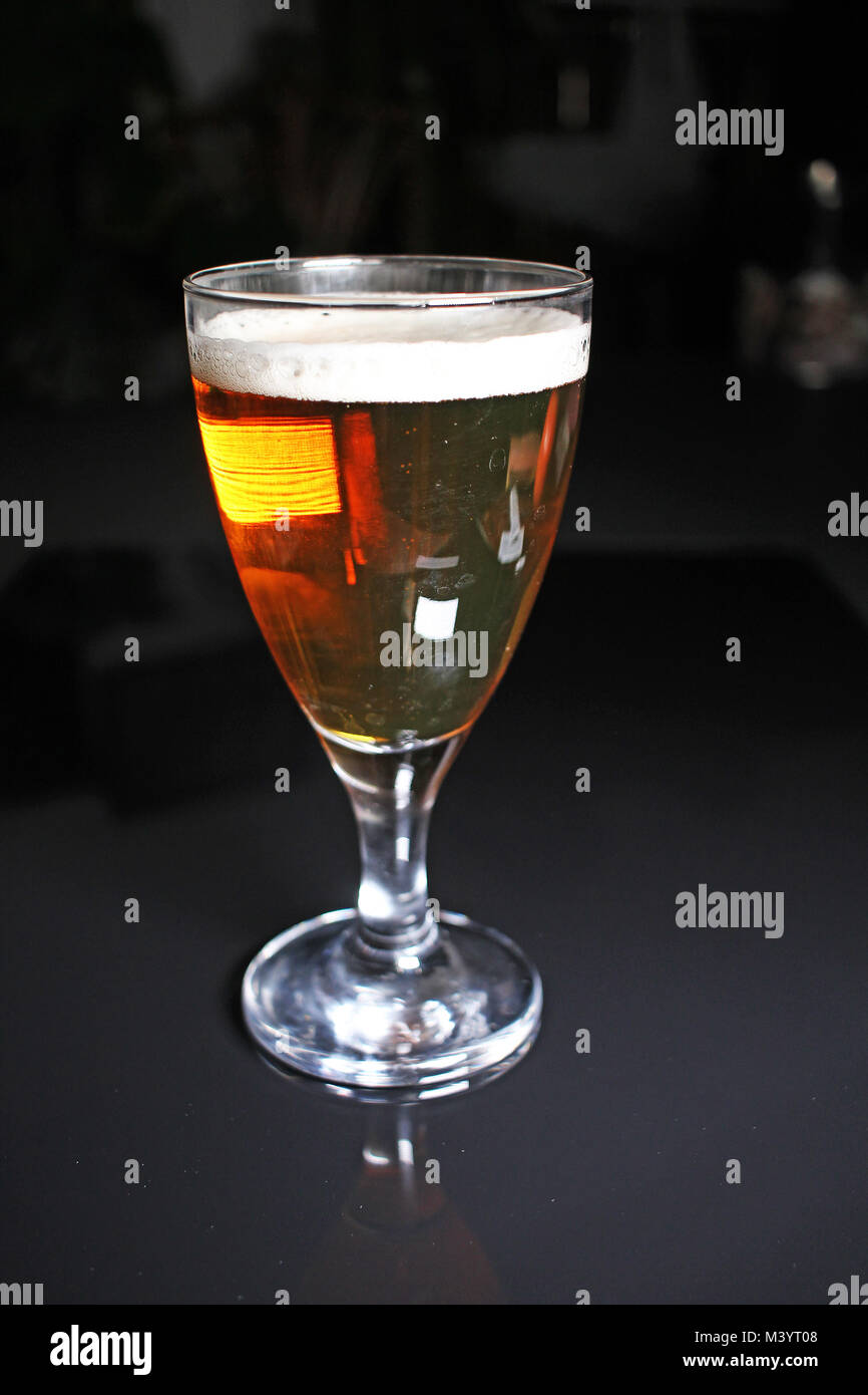 Beer on glass on black reflective studio background. Isolated black ...