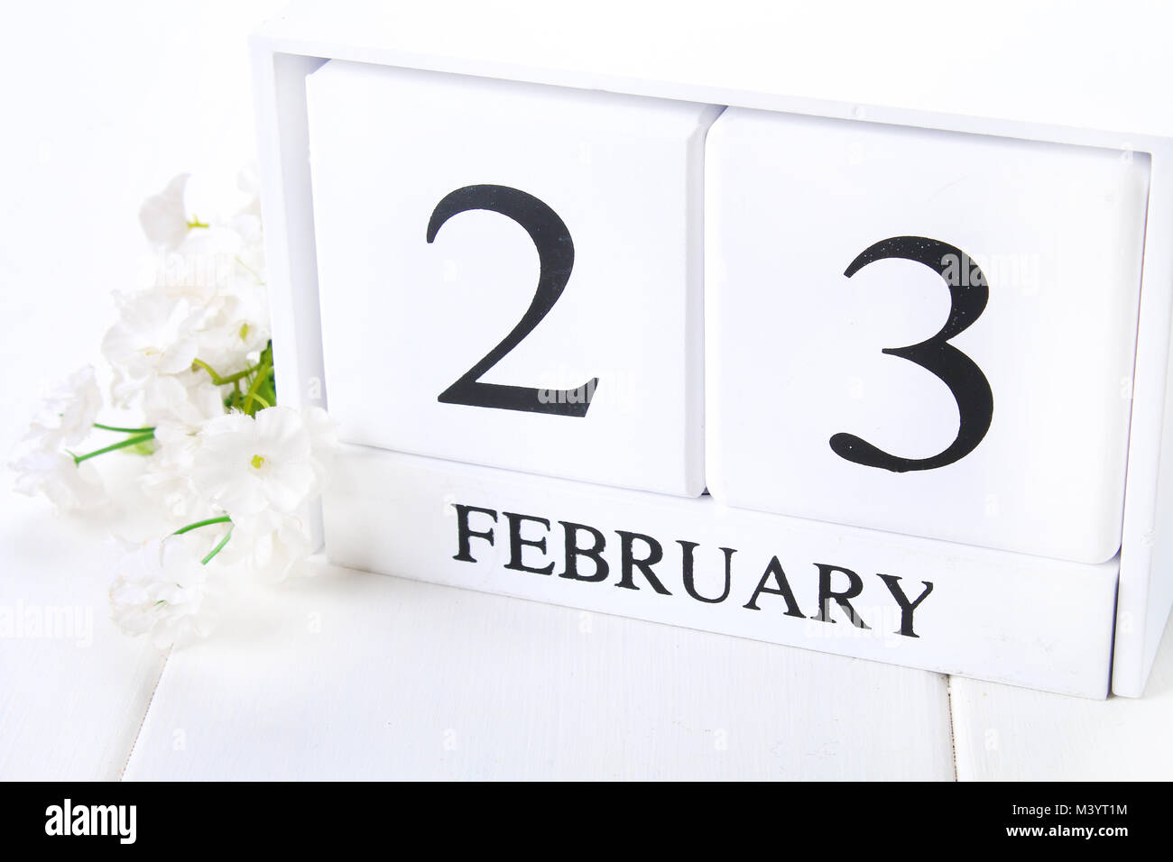 White wooden calendar with black 23 february word with clock and plant ...