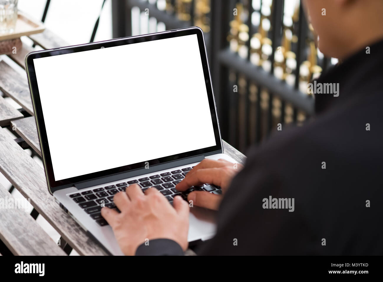 Laptop with blank screen on table. Workspace background new project on ...
