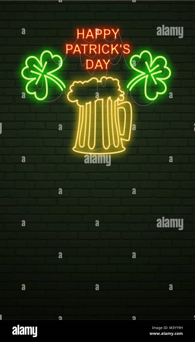 Patricks Day Neon sign and green brick wall. Realistic sign. National ...