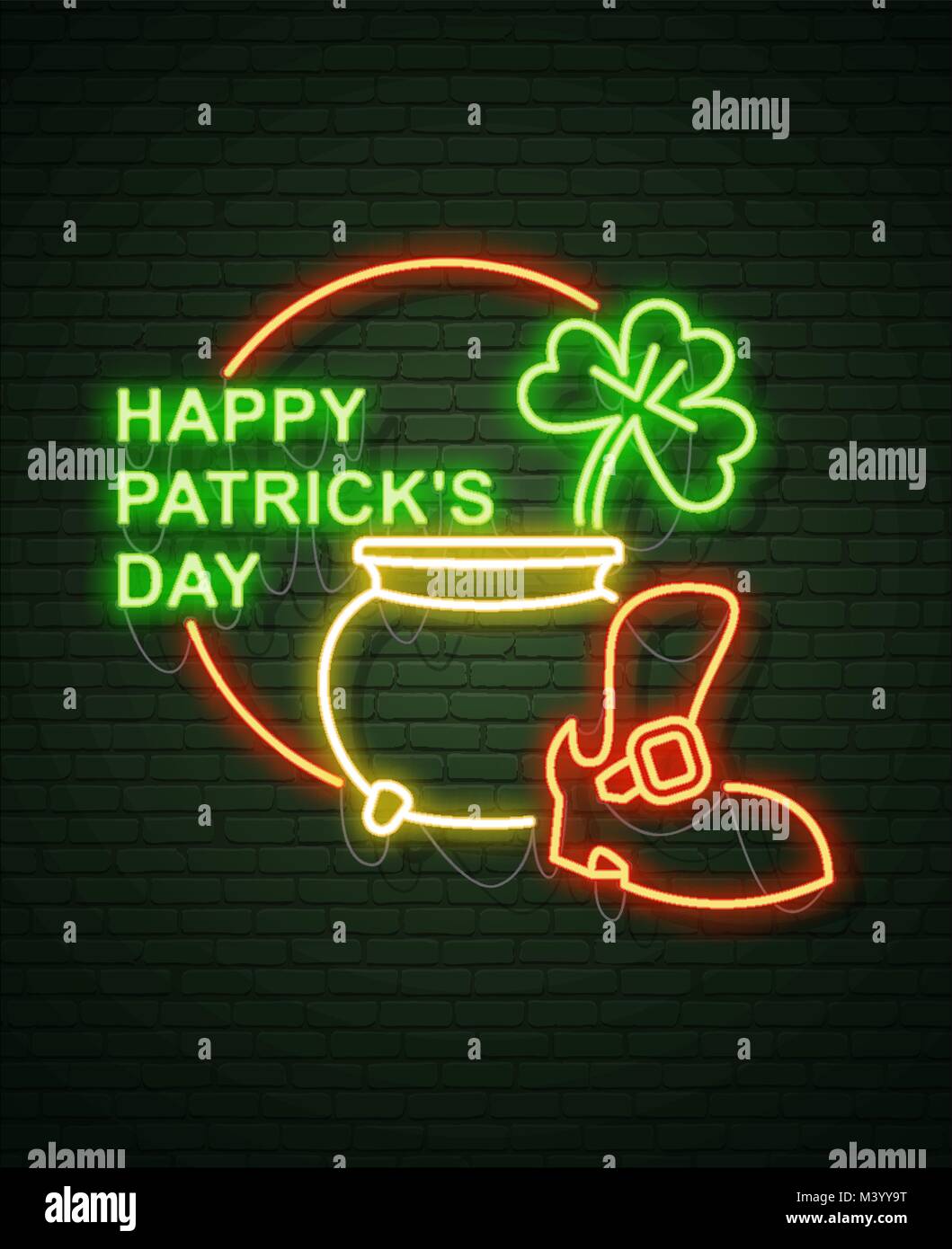 St Patricks Day Neon sign and green brick wall. Realistic sign ...