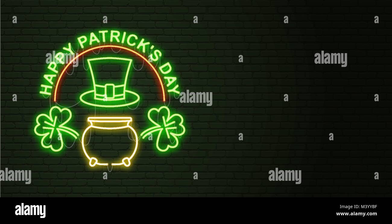 Patricks Day Neon sign and green brick wall. Realistic sign. National ...
