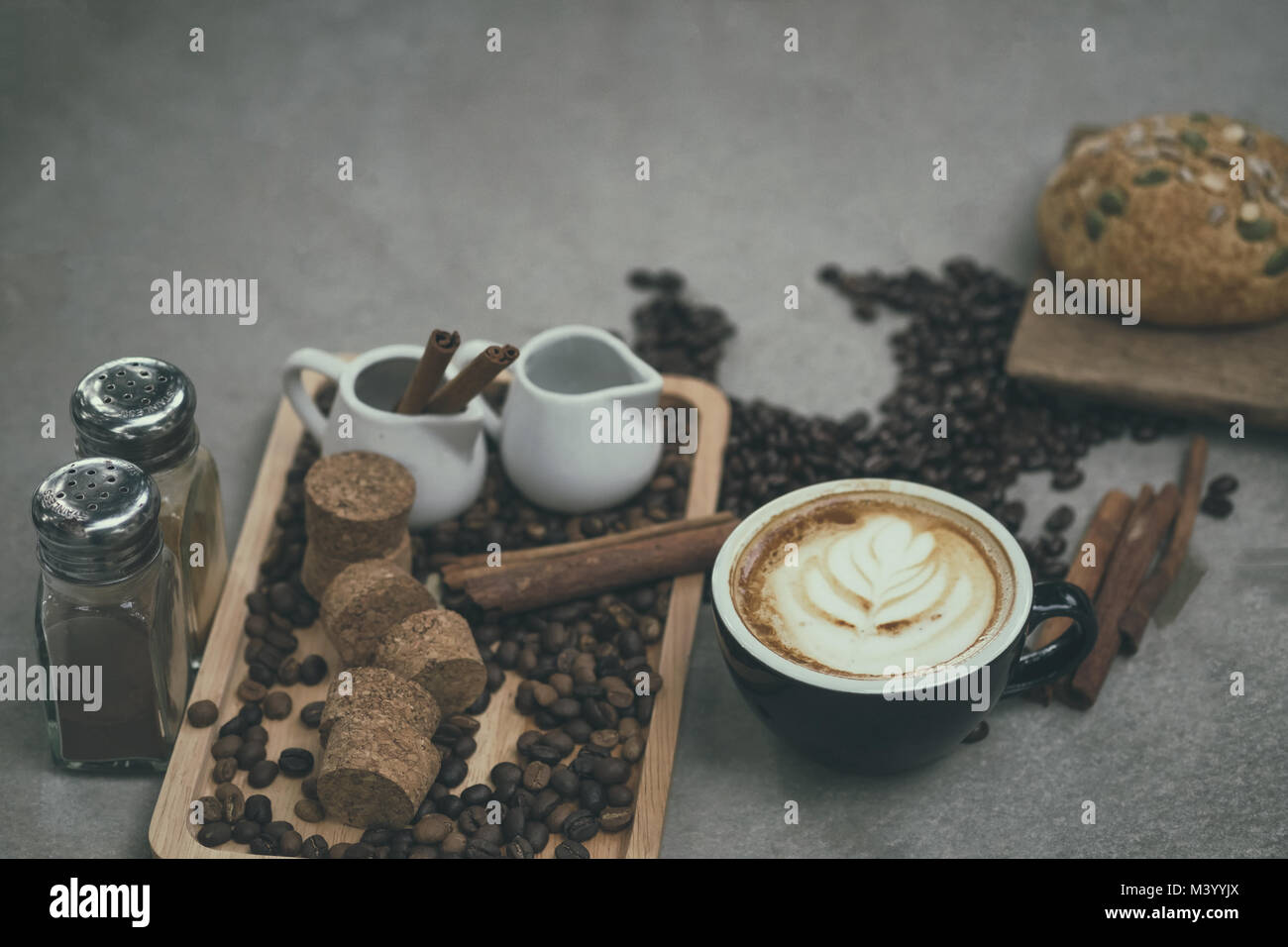 Morning coffee,Latte coffee in cup on table,vintage tone Stock Photo ...