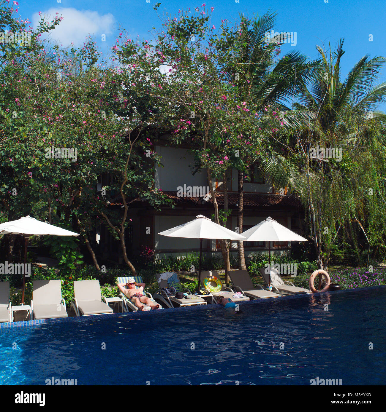 BALI, INDONESIA - August 16, 2017: Beach chairs near swimming pool in ...