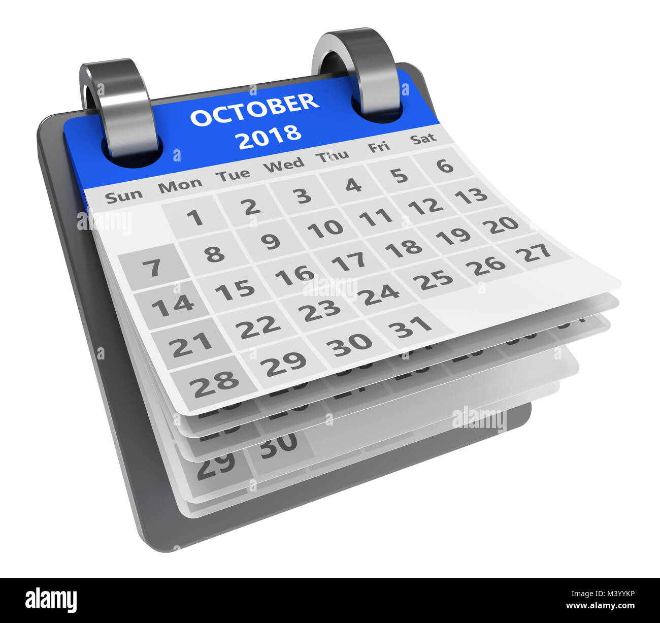3d blue calendar isolated over white background, october 2018 page ...