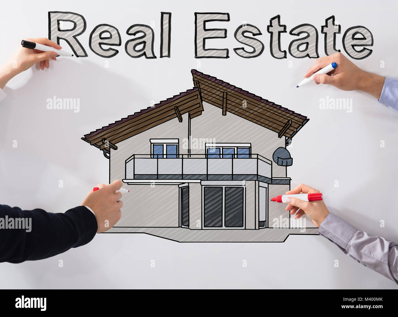 Hands Drawing Real Estate Drawing With Different Marker On White ...