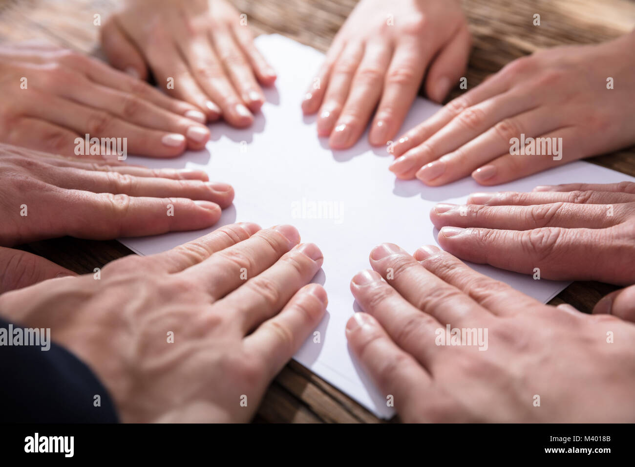 Close-up Of Hands Touching White Paper Over The Wooden Desk Showing ...