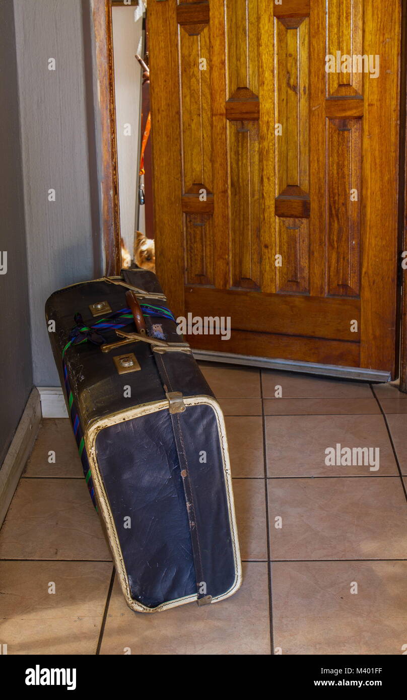 Dilapidated retro cardboard suitcase tied closed with a tie in front of ...