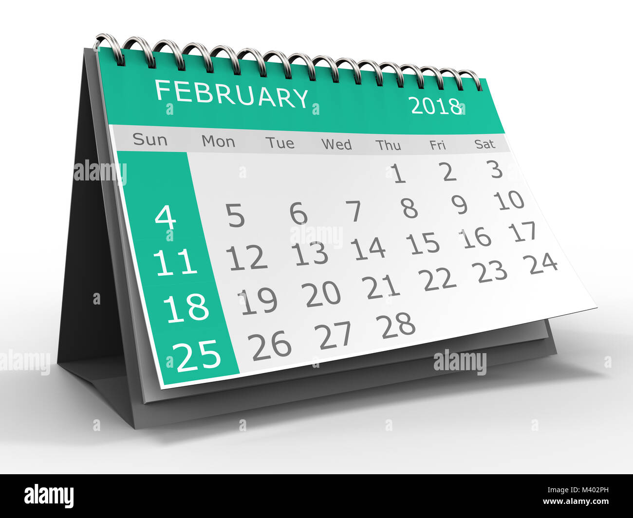3d illustration of calendar over white background february 2018 month ...