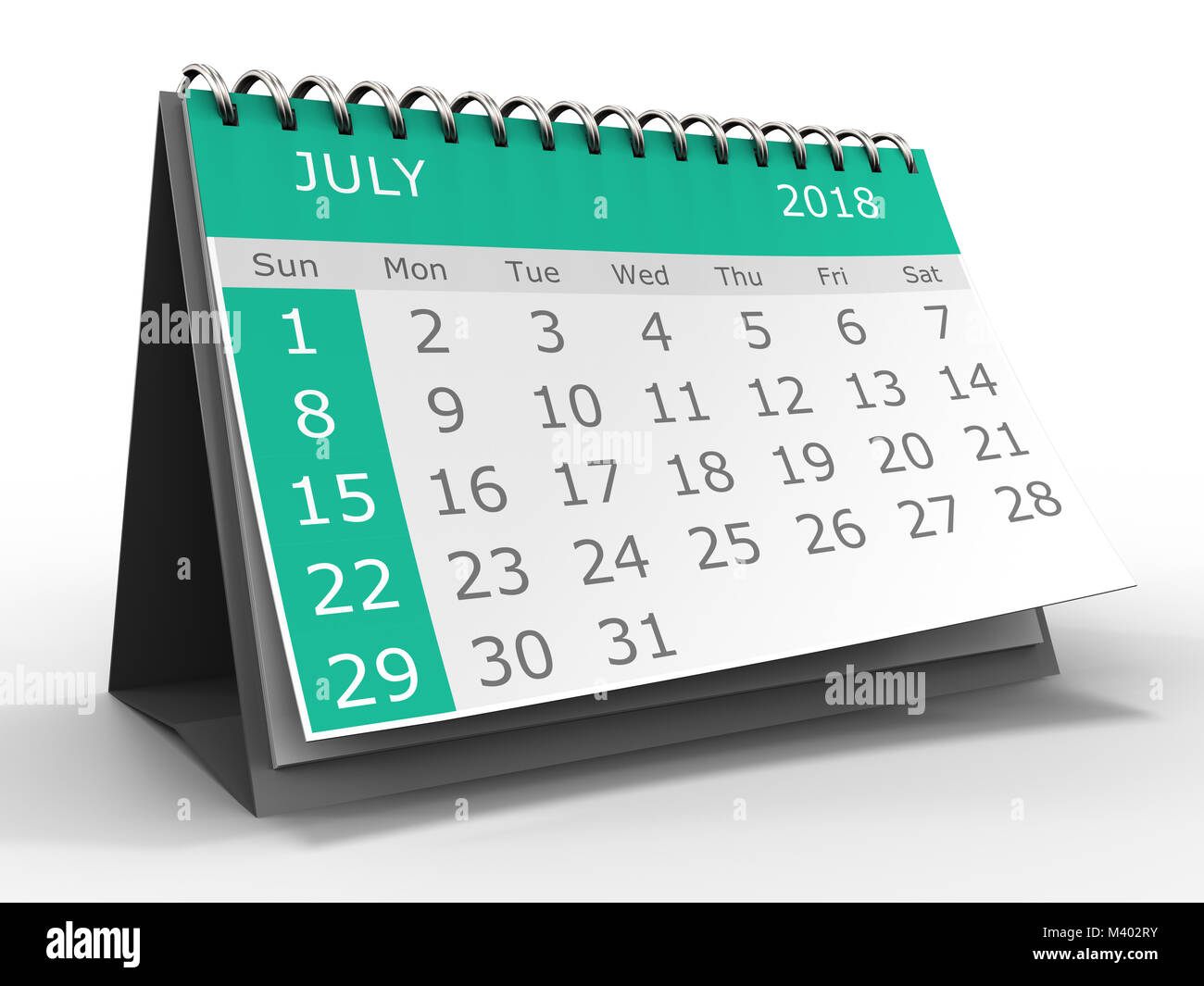 3d illustration of calendar over white background july 2018 month Stock ...
