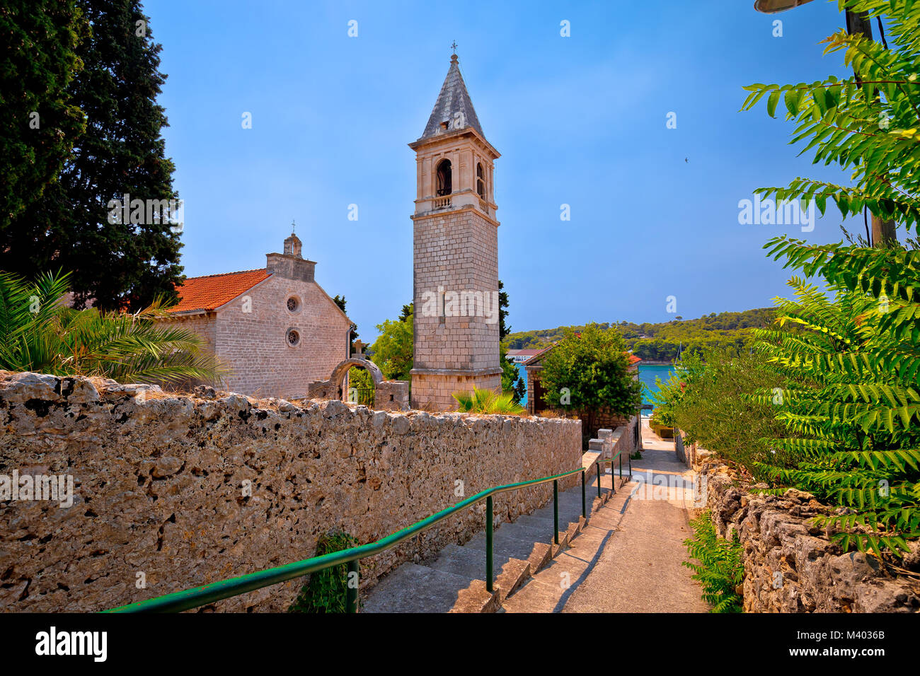 Prvic Luka village church and waterfront view, Sibenik archipelago of ...