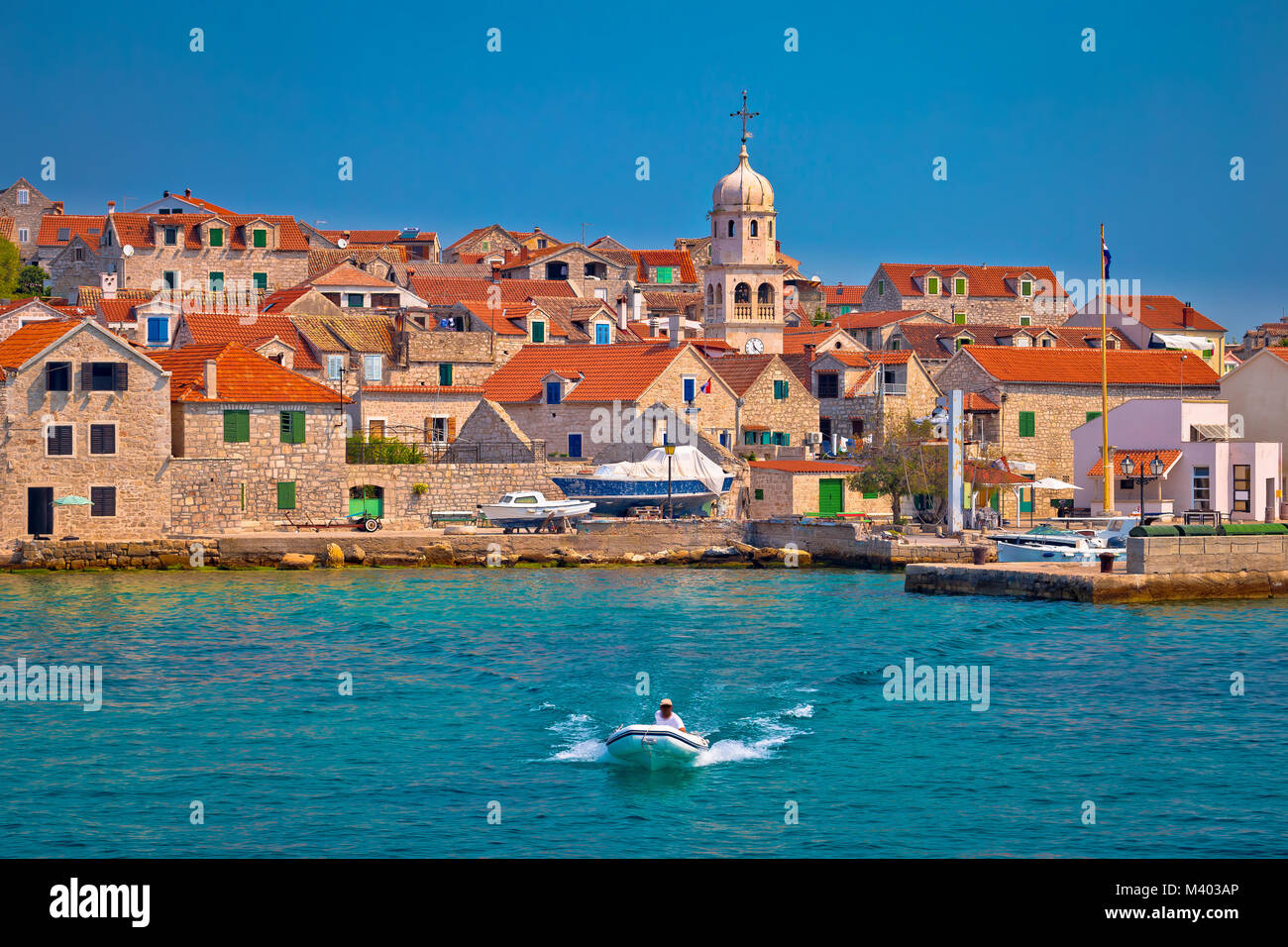 Prvic Sepurine waterfront and stone architecture view, Sibenik ...