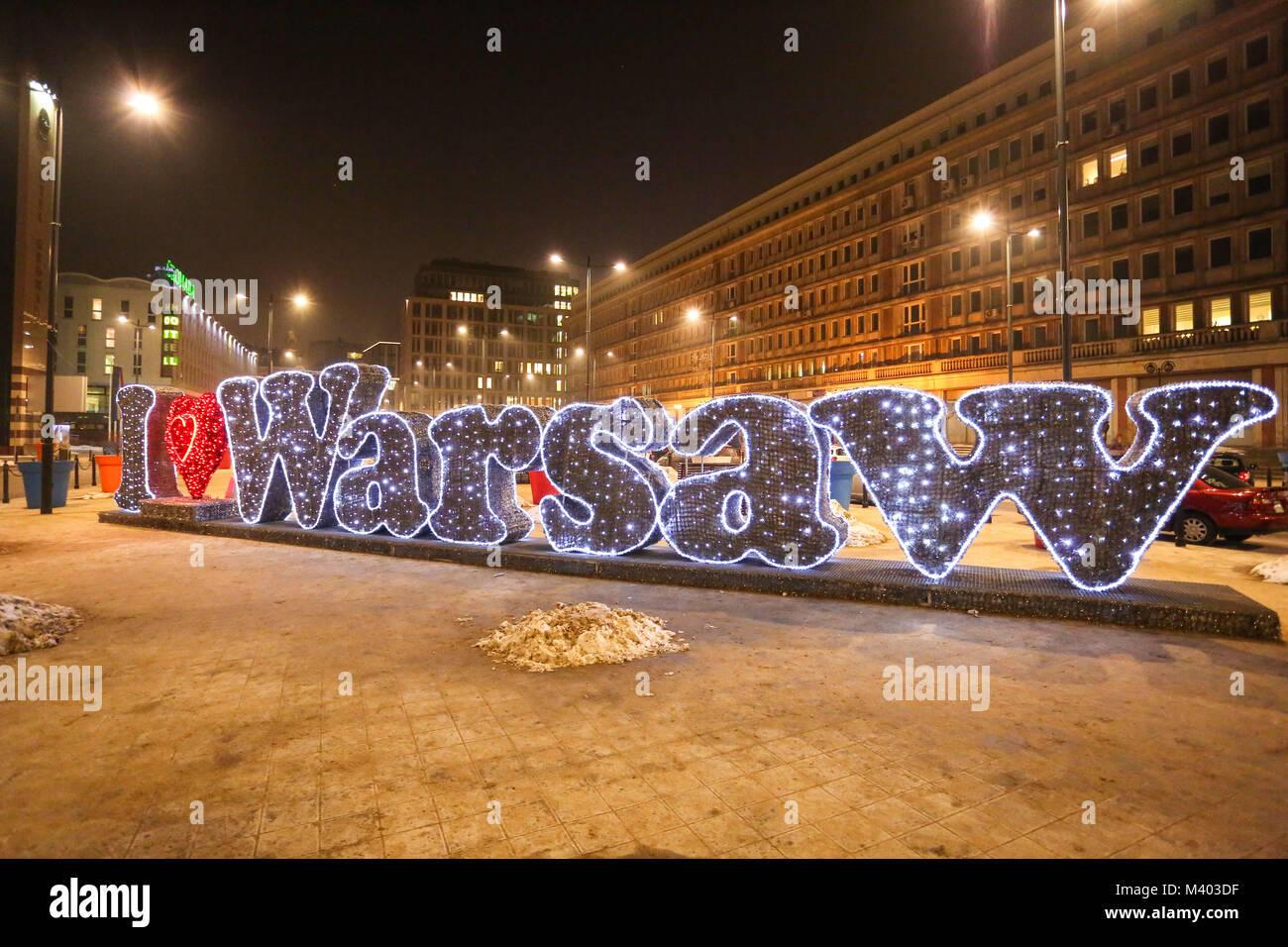 Warsaw prepares for Valentine´s Day. Heart lights up during cold frosty ...