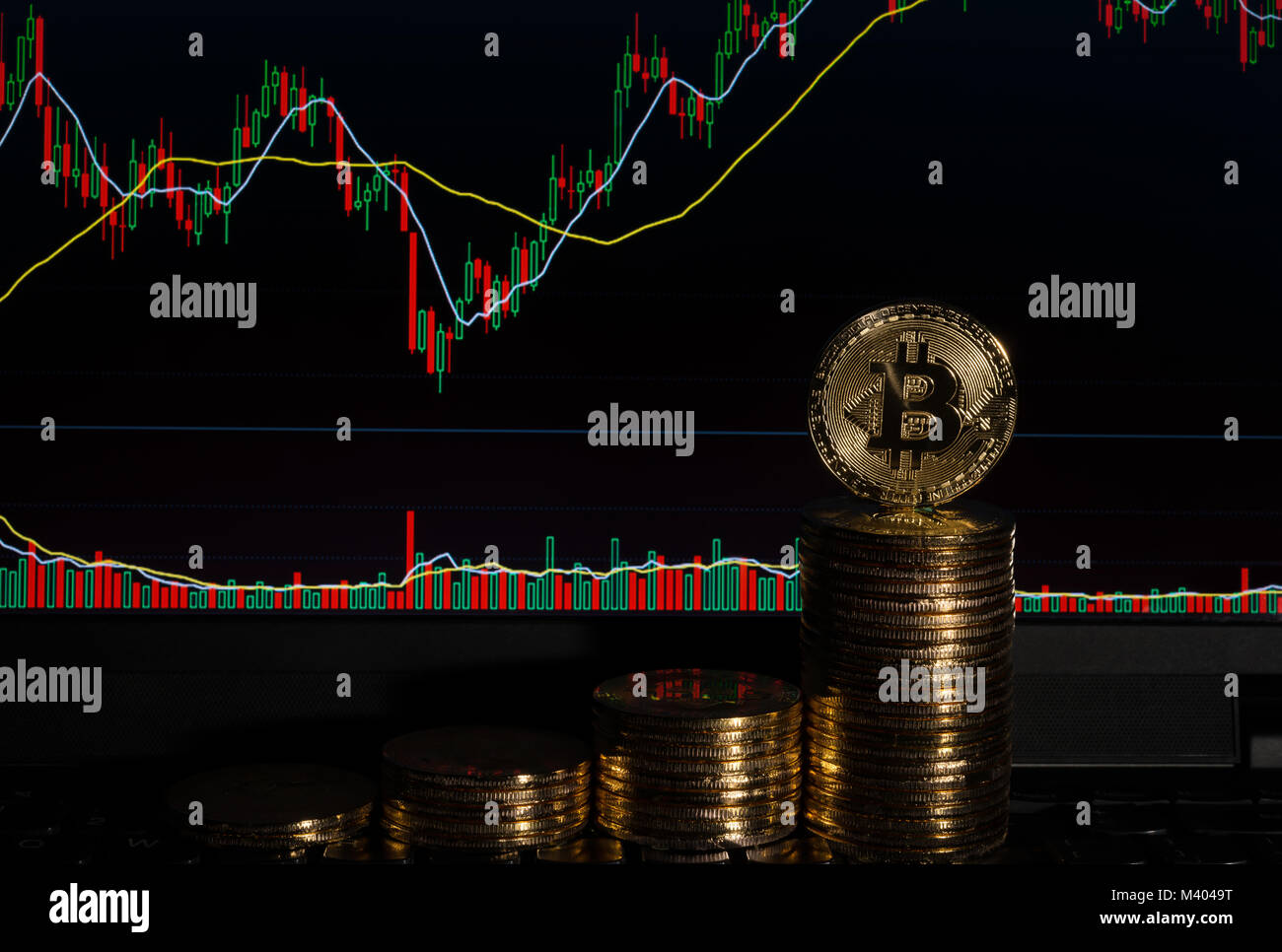 bitcoins in front of a screen with Candlestick Charts chart as ...