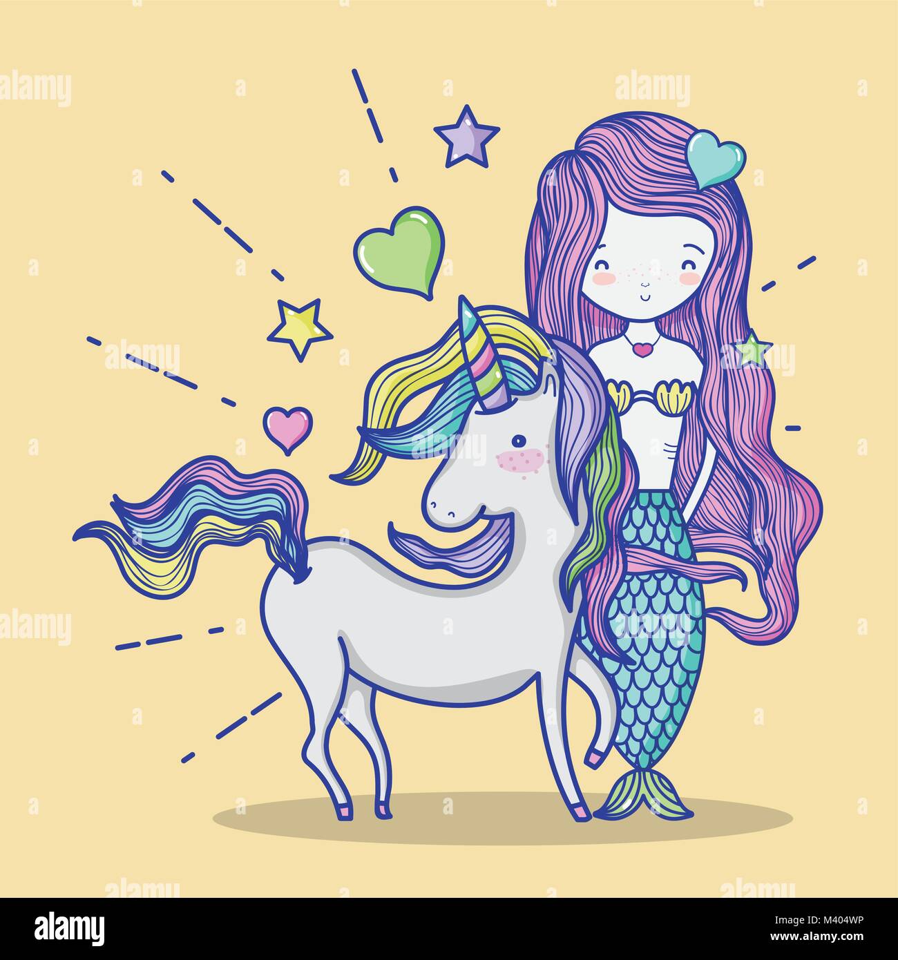 Little mermaid with unicorn art cartoon Stock Vector Image & Art - Alamy