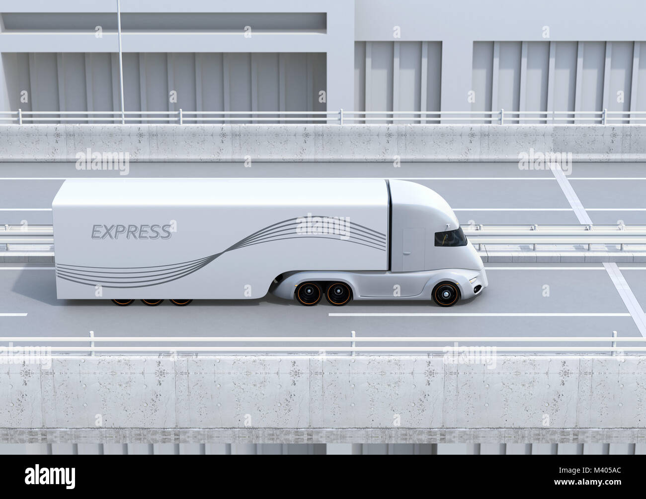 Side view of silver truck driving driving on the highway. 3D rendering ...