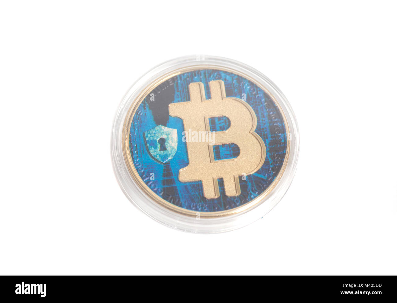 Blue bitcoin virtual coin on a white background Stock Photo - Alamy