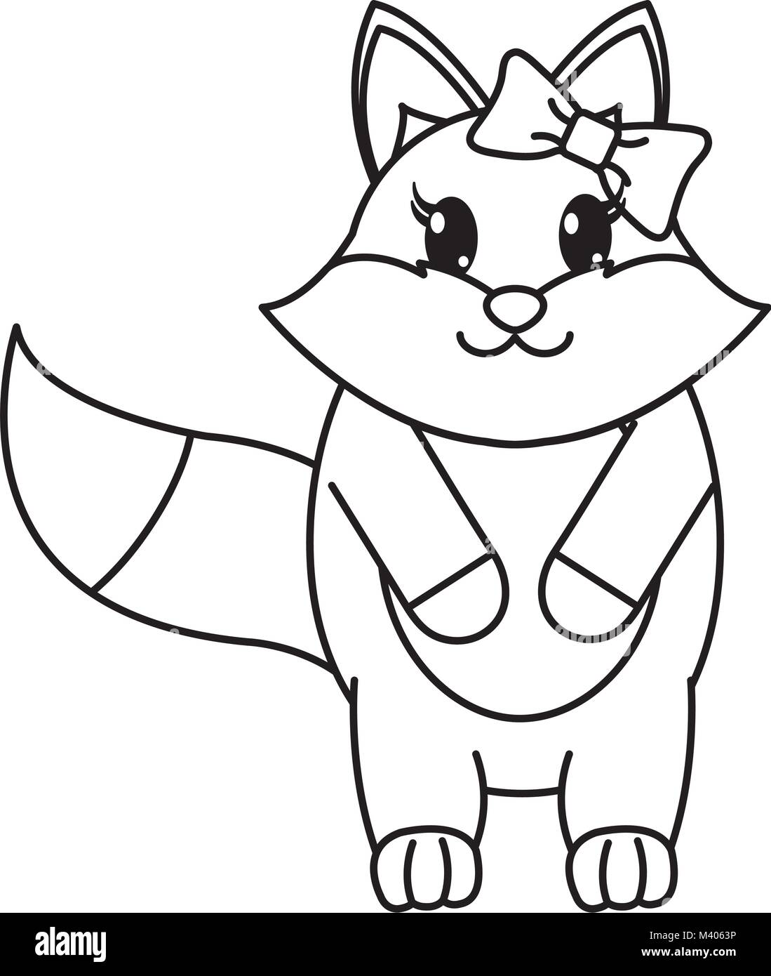 line adorable female fox animal with ribbon bow Stock Vector Image ...