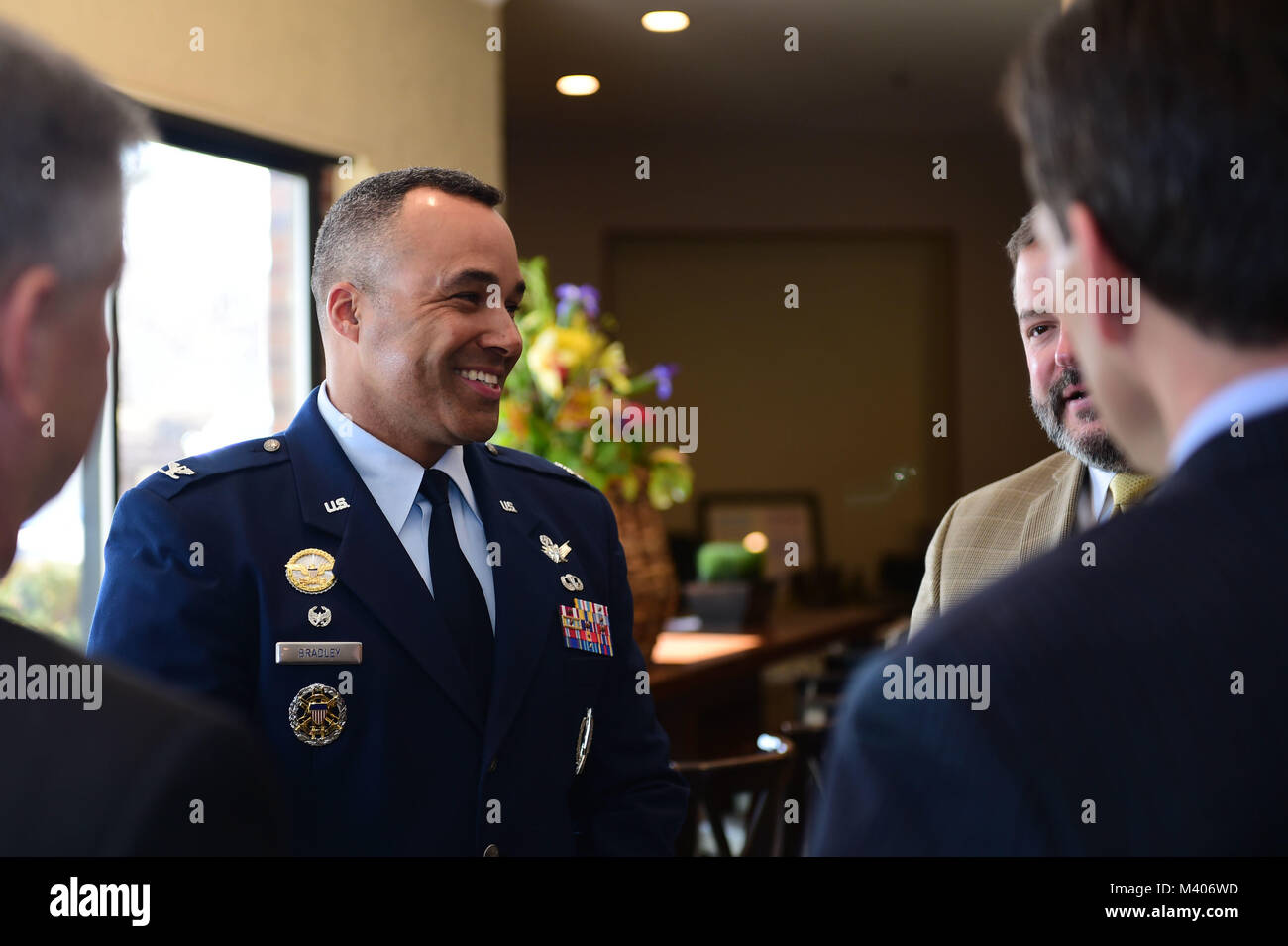 Col. Lorenzo Bradley, 460th Operations Group commander, interacts with ...