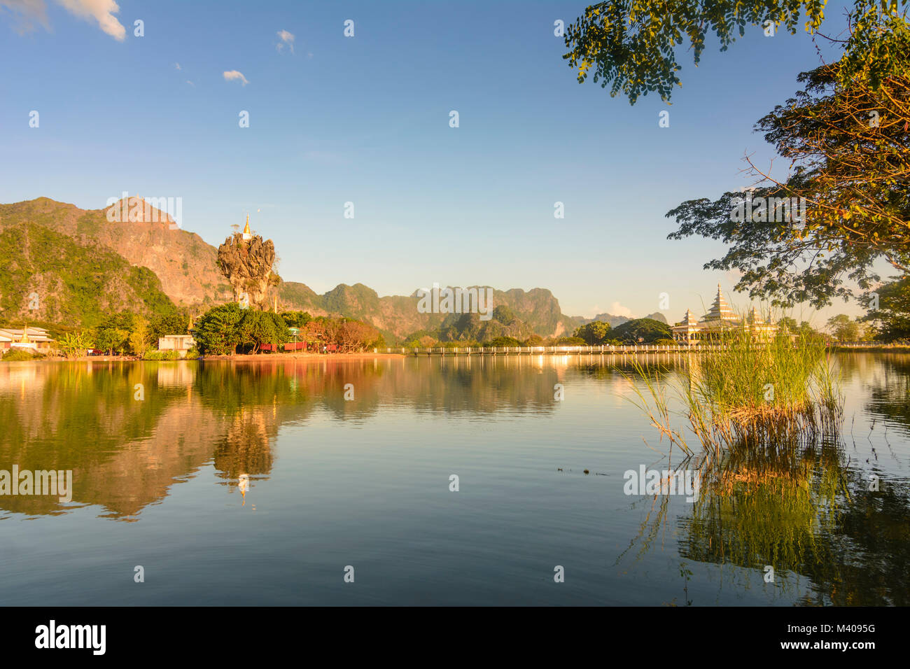 Hpa-An: Kyauk Kalap Buddhist monastery, pagoda, lake, mountain mount Mt ...