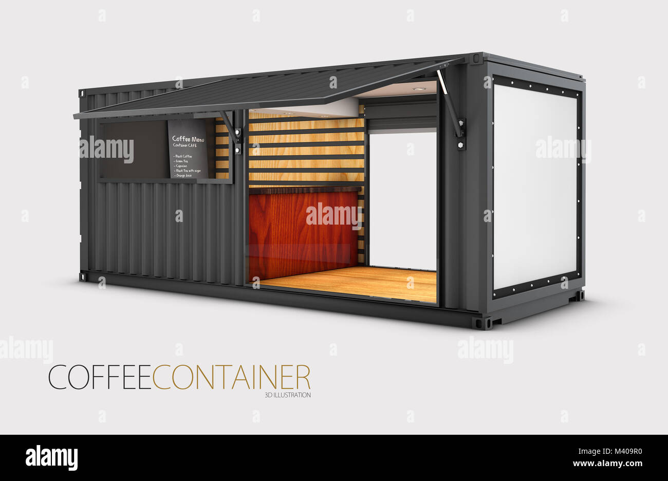 Old shipping container is converted into a chic coffee shop, 3d ...