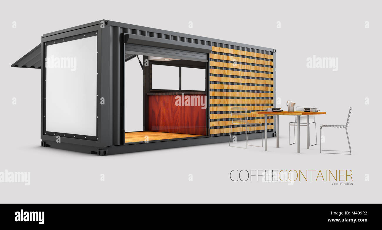 Old shipping container is converted into a chic coffee shop, 3d ...