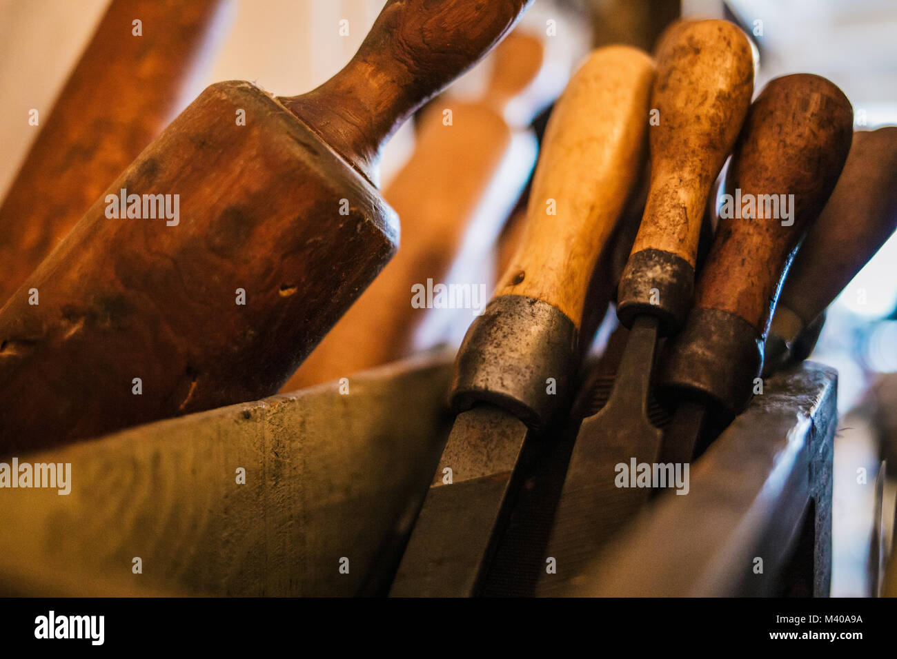Set of old wooden rasps and instruments close up Stock Photo - Alamy