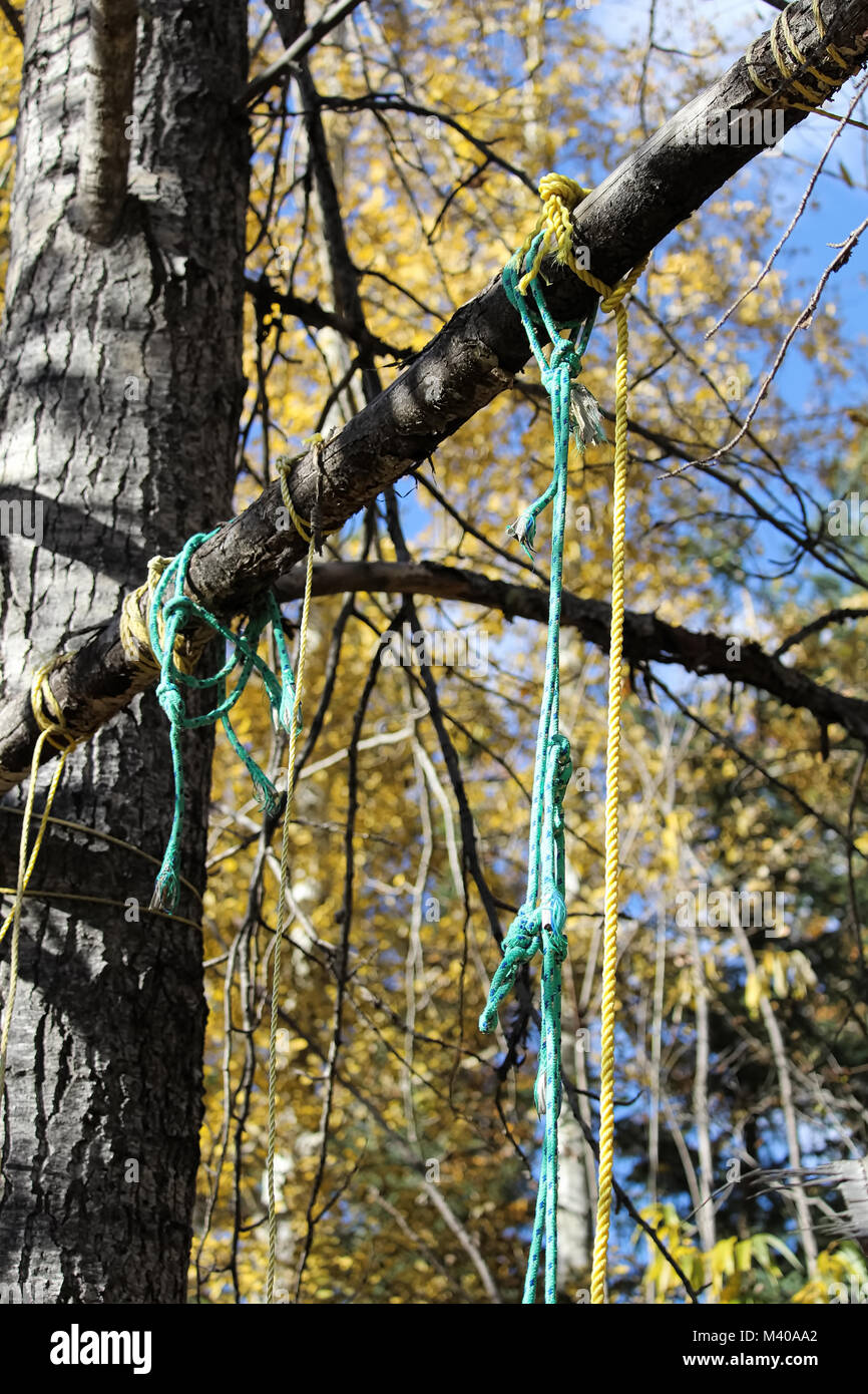 Various ropes left behind on game hanging poles Stock Photo - Alamy