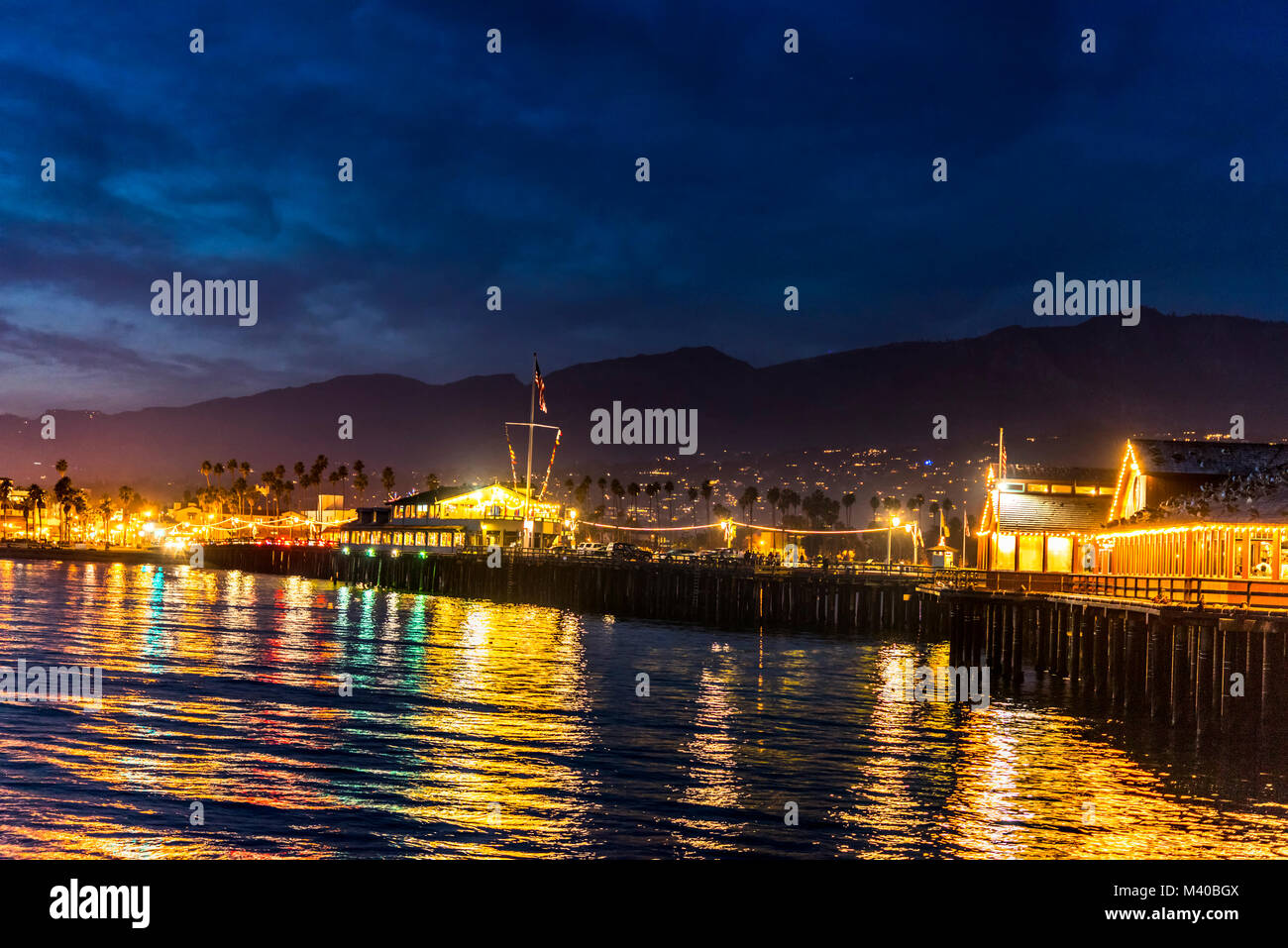 Image of Stearns Wharf at night in Santa Barbara California shows the ...