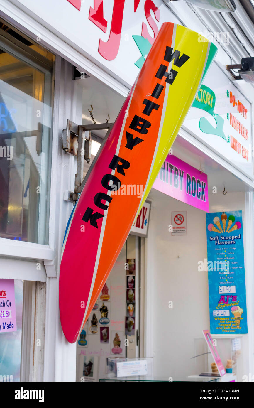 Shop sign of traditional Whitby Rock seaside peppermint confectionery ...