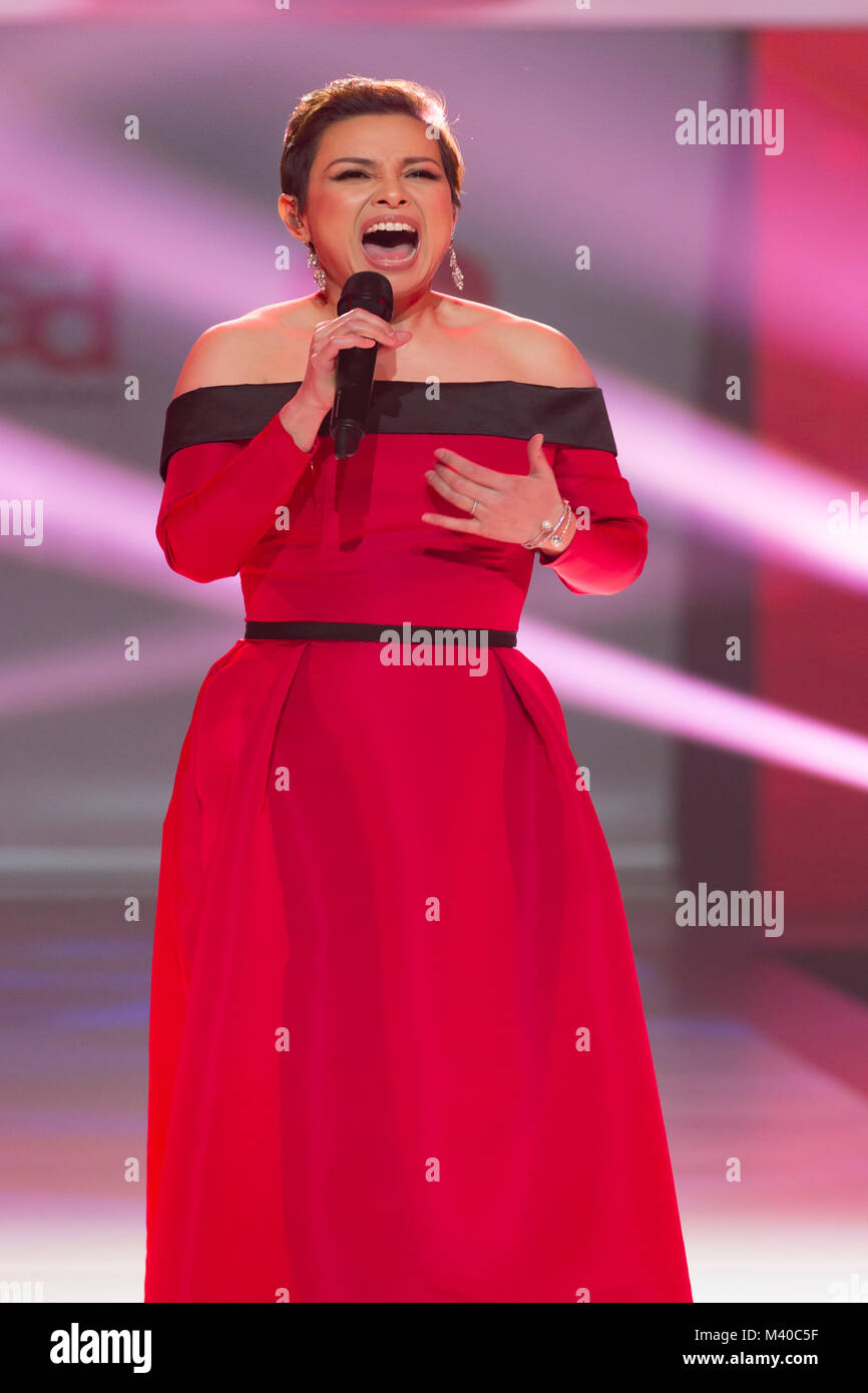New York, NY - February 8, 2018: Lea Salonga performs on runway for Red ...