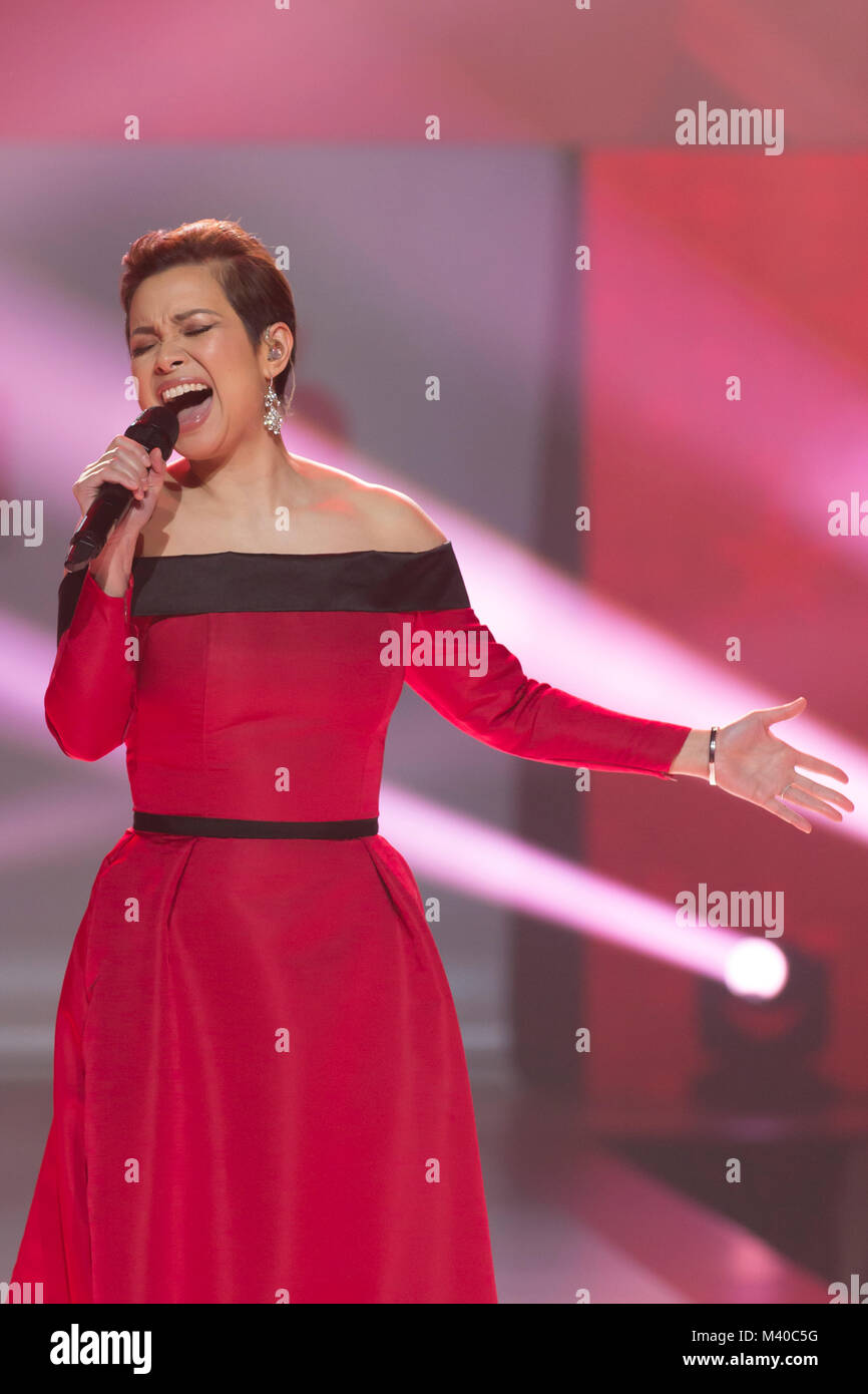 New York, NY - February 8, 2018: Lea Salonga performs on runway for Red ...