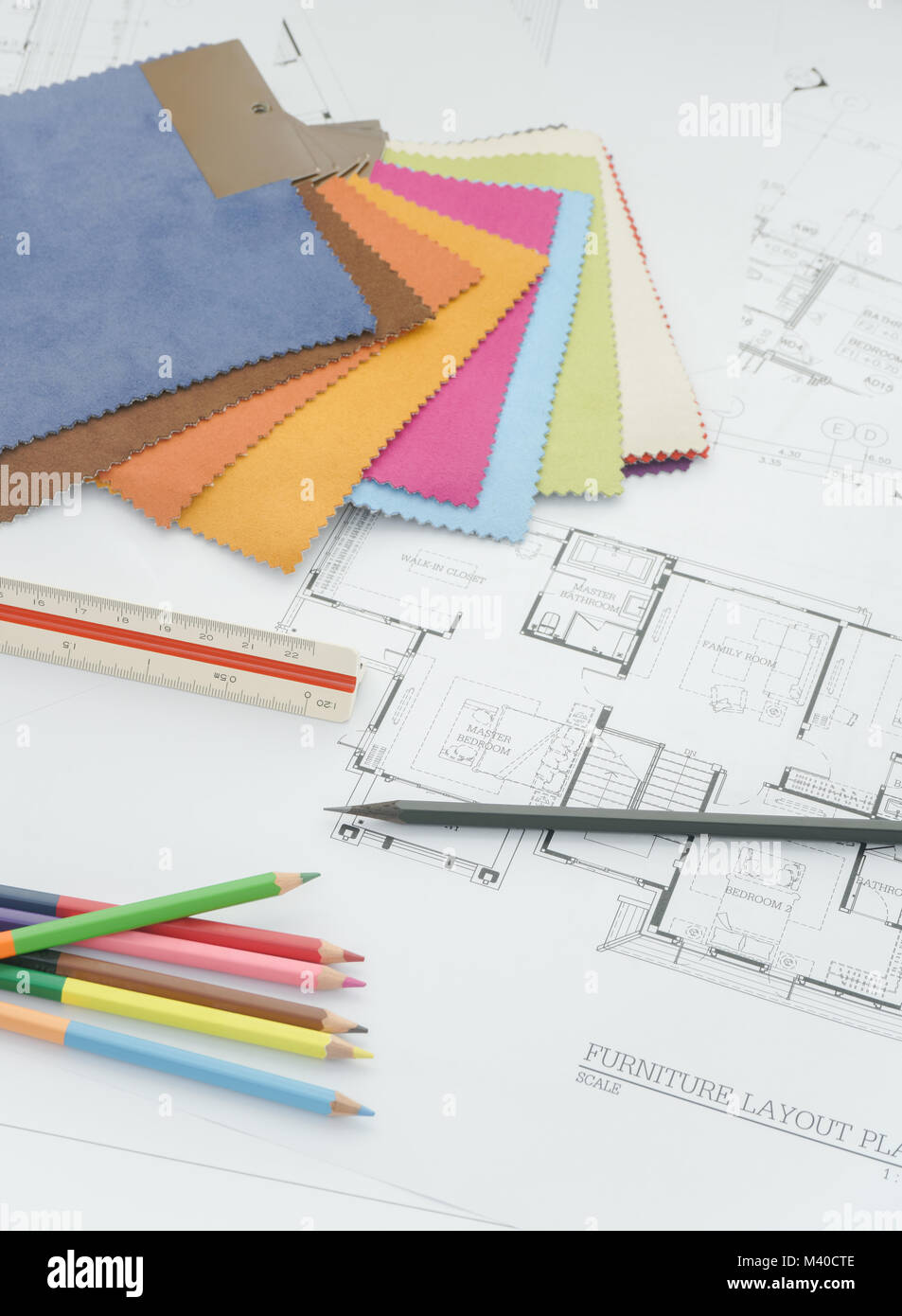 Architectural plan with color pencil and color palette Stock Photo - Alamy