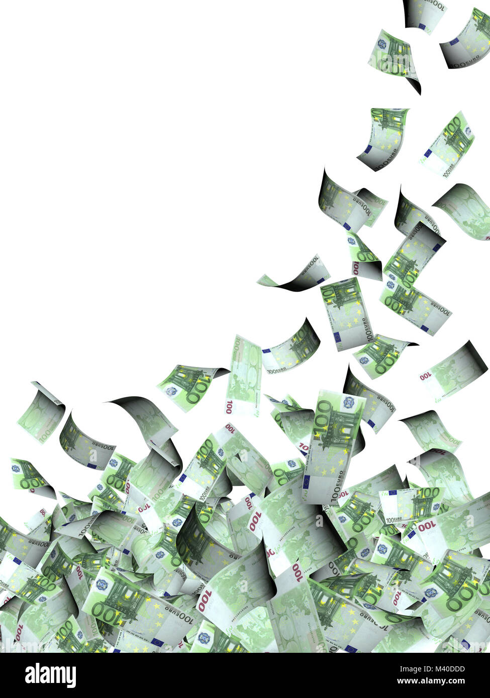 Flying banknotes of hundred euro. Isolated on white background. 3d ...