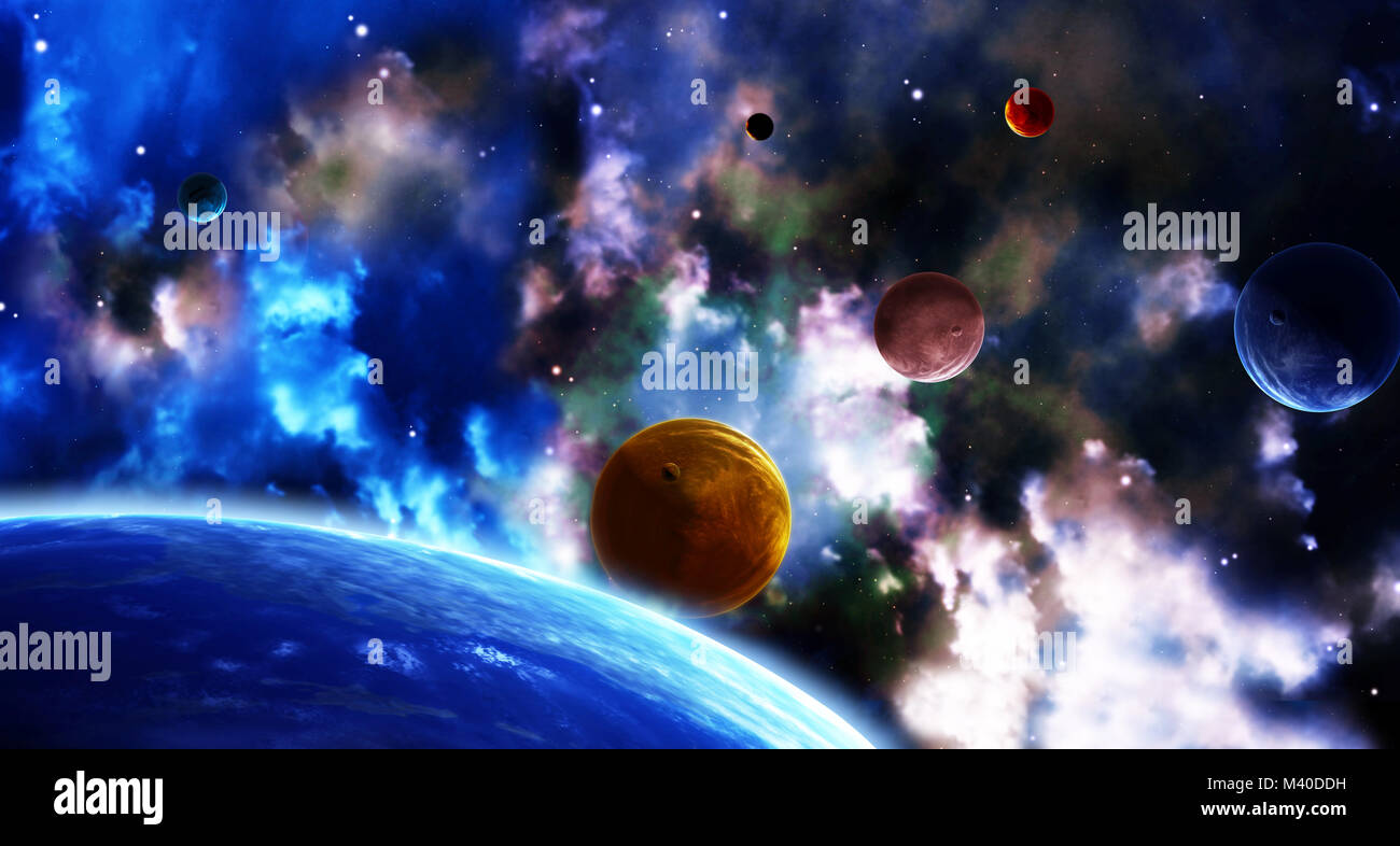 A beautiful space scene with sun, planets and nebula. Elements of this ...
