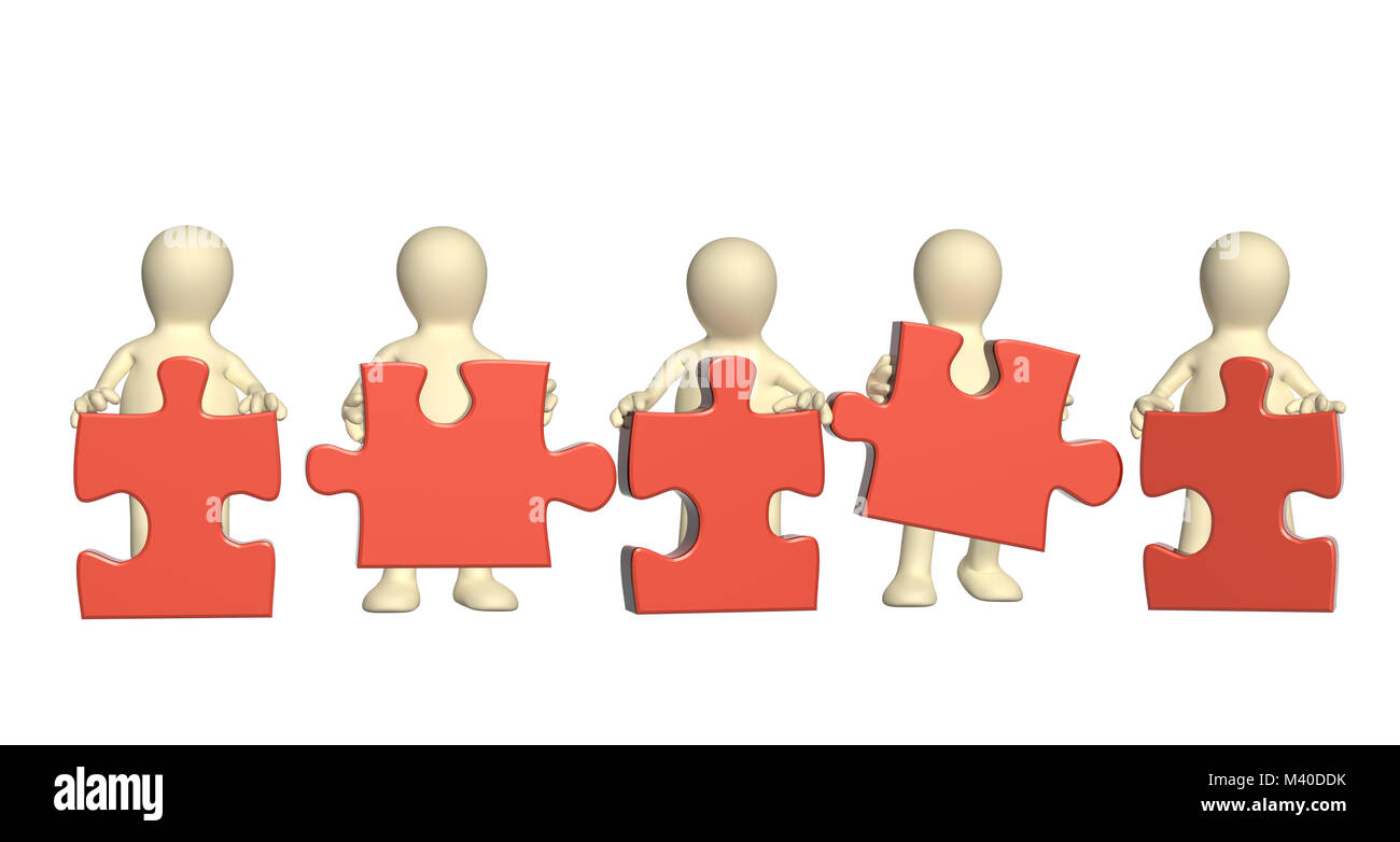 Success of teamwork. Five 3d mans with part of puzzles of red color ...
