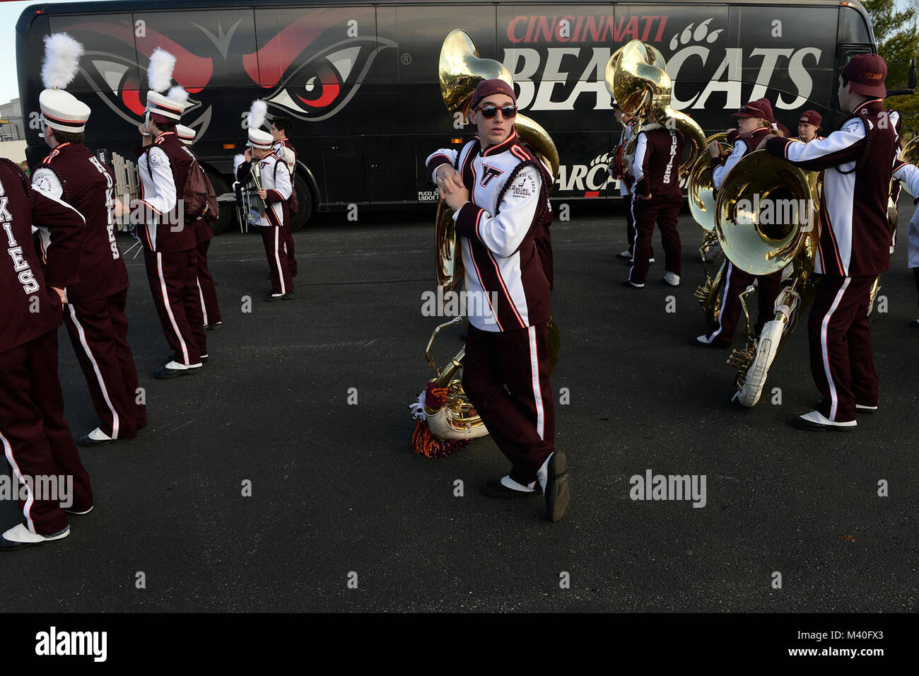 The Virginia Tech Marching Band arrives at Navy-Marine Corps Memorial ...