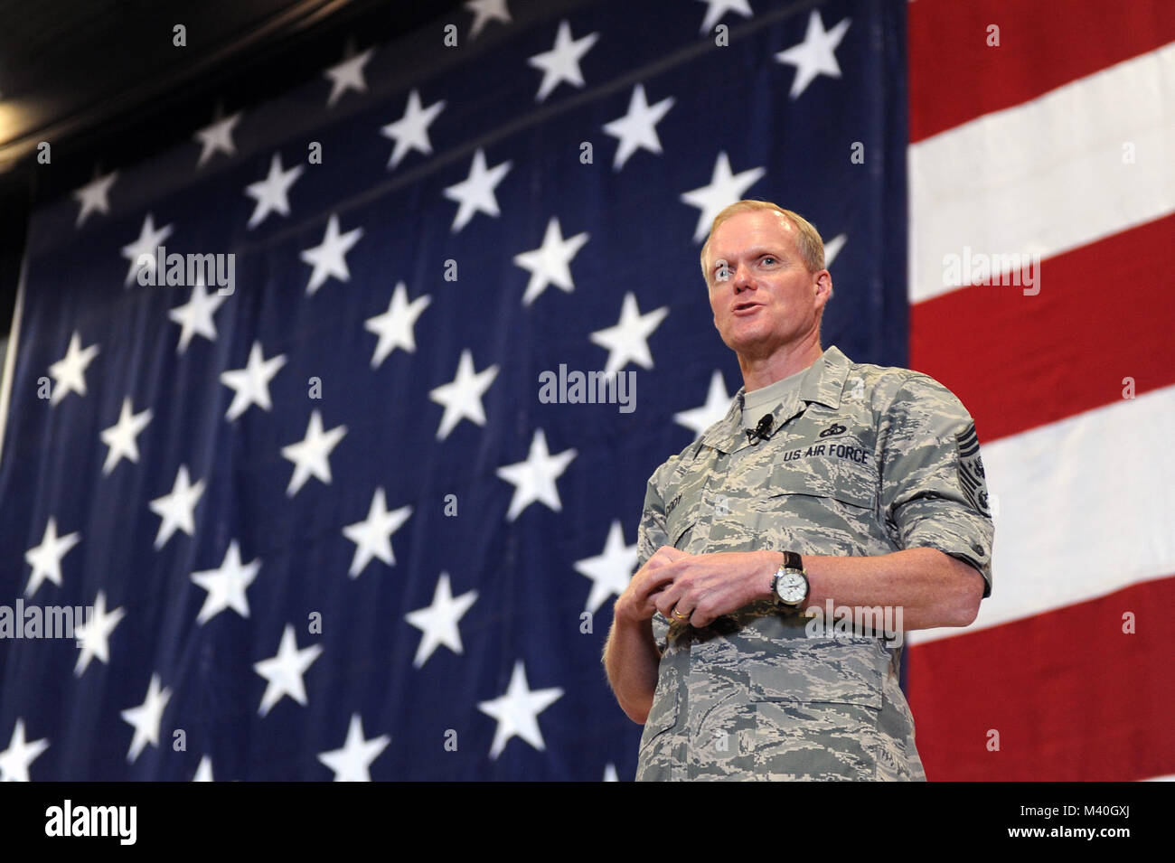 Chief Master Sgt. of the Air Force James Cody addresses a crowd of ...