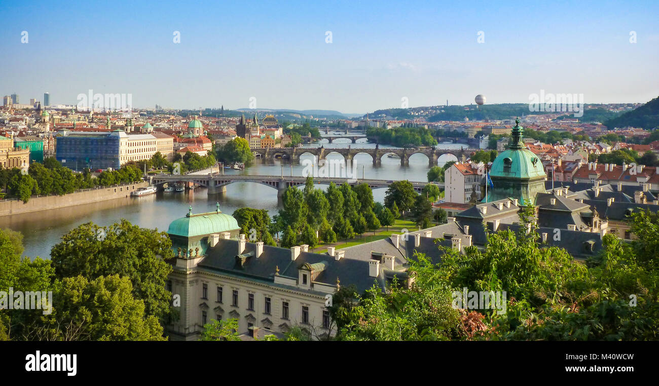 Panorama view of Prague skyline with Charles bridge and Vltava river in ...