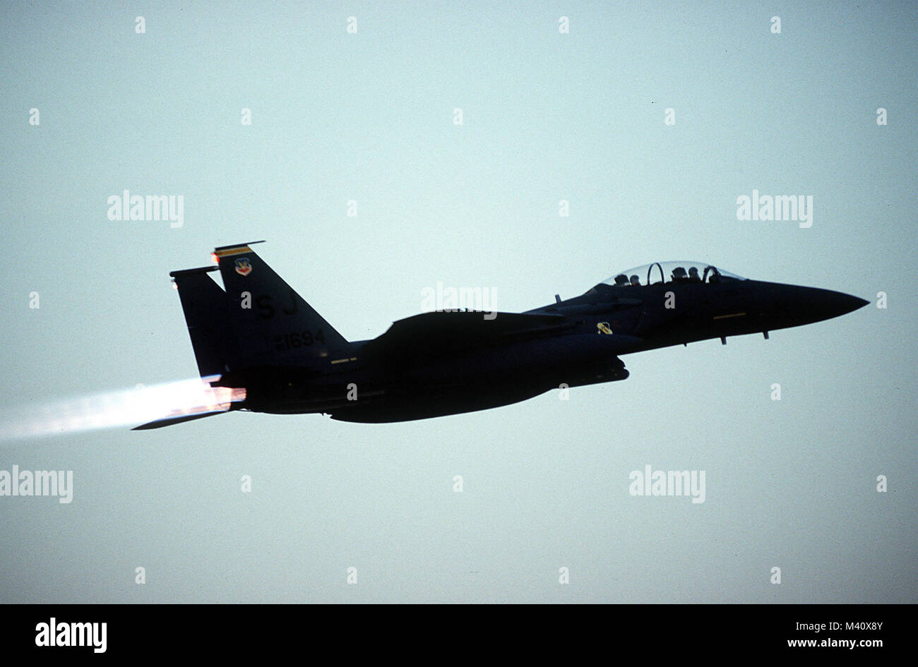 A 336TH Tactical Fighter Squadron F-15E Eagle aircraft takes off on a ...