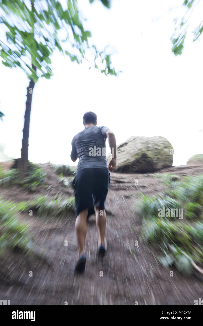 Young man running on a wild forest. Image taken from behind, with ...
